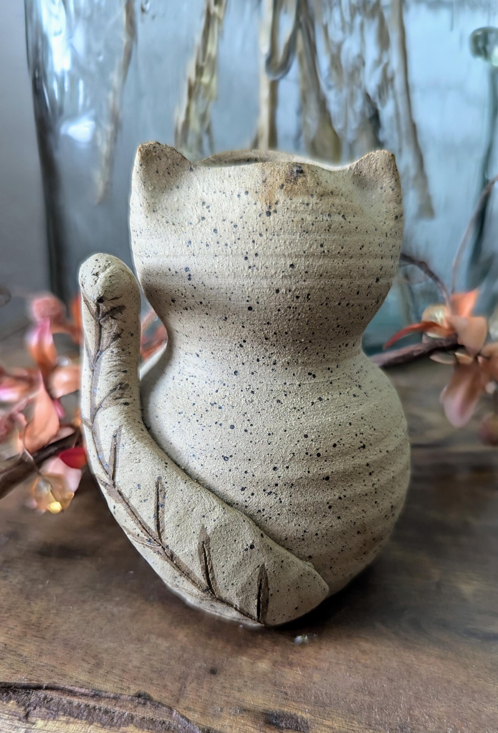 Clay Kitty Vase, Vintage Folk Art Pottery Cat Vase, Vessel, Sculpture ...