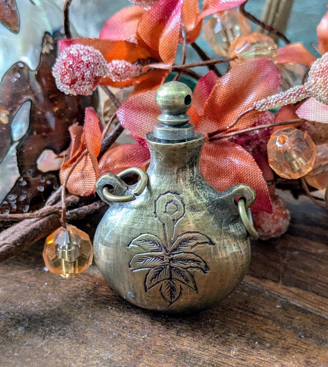Vintage Perfume Flask Boho Etched Metal Fragrance Bottle With Metal ...