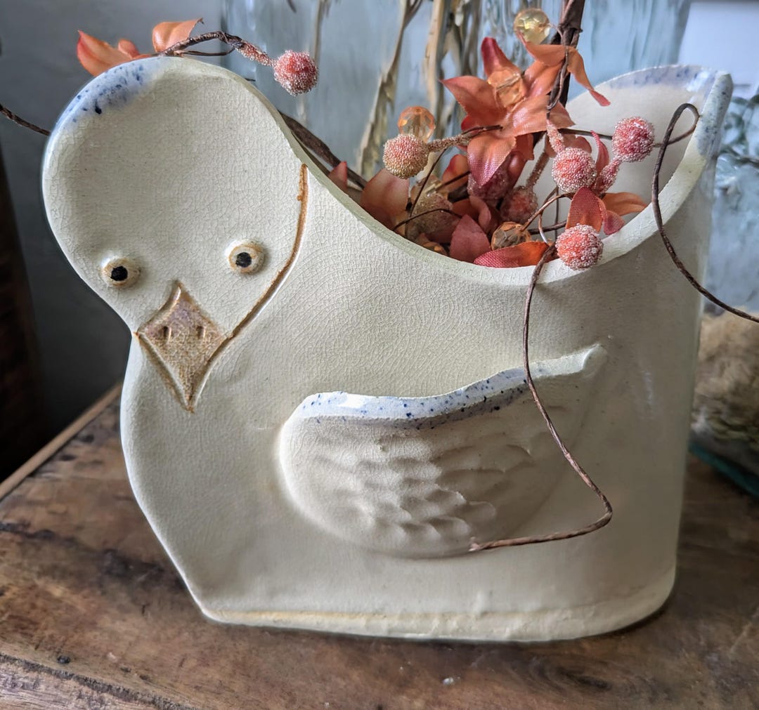 Pottery Bird Vase, Bird Lovers, Clay Bird, Vintage Folk Art Pottery ...