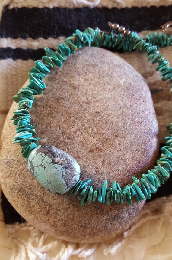 Turquoise Nugget And Chip Necklace Hand Crafted Neck… - Gem