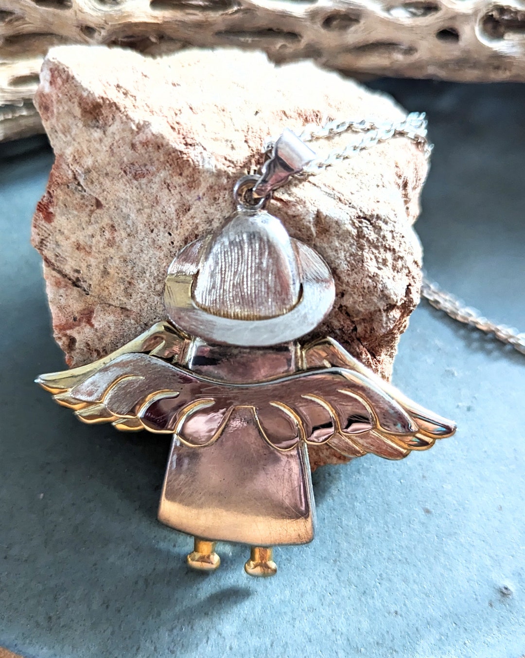 Sterling Angel Pendant Necklace Mixed Metal Guardian Angel Jewelry ...