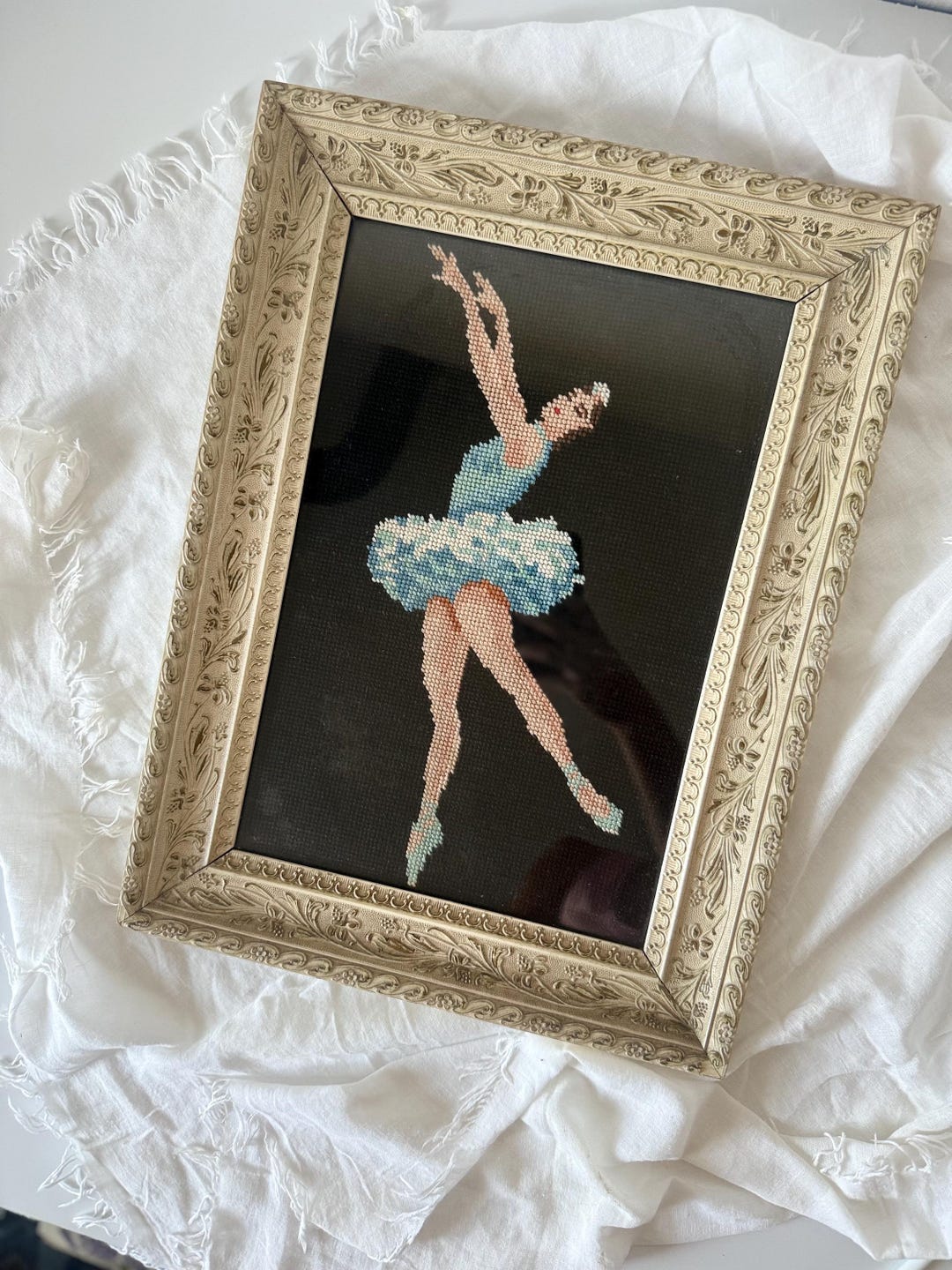French Vintage Ballet Needlepoint Art | Ballerina in Ornate Frame ...