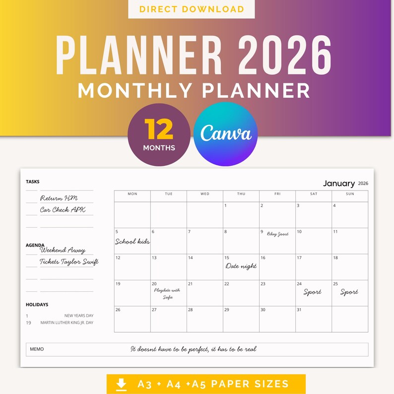 Planner for 2026 in Paper Sizes A4, A5 and A3 High Resolution and Print ...