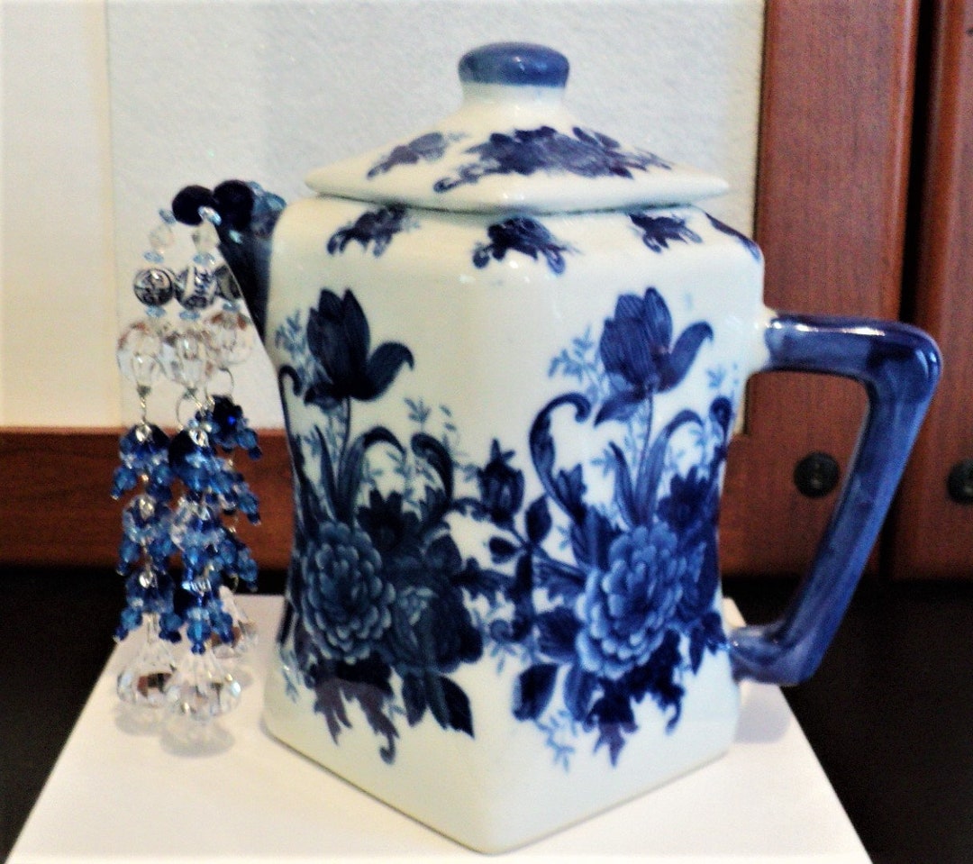 Floral Tea Pot, Blue and White, Ceramic Tea Pot, Beaded Tea Pot, Home ...
