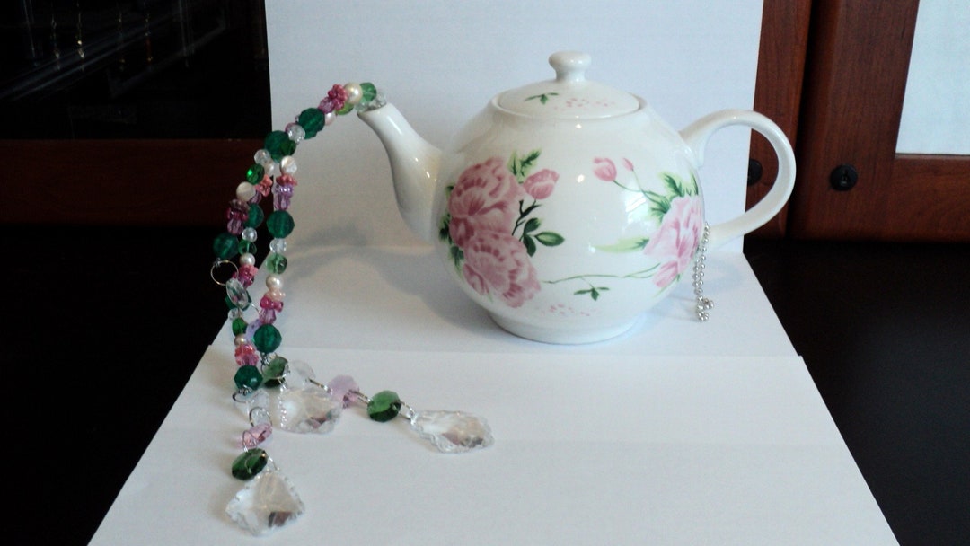 Upcycled Beaded Floral Teapot, White Green & Pink Ceramic Decoration ...