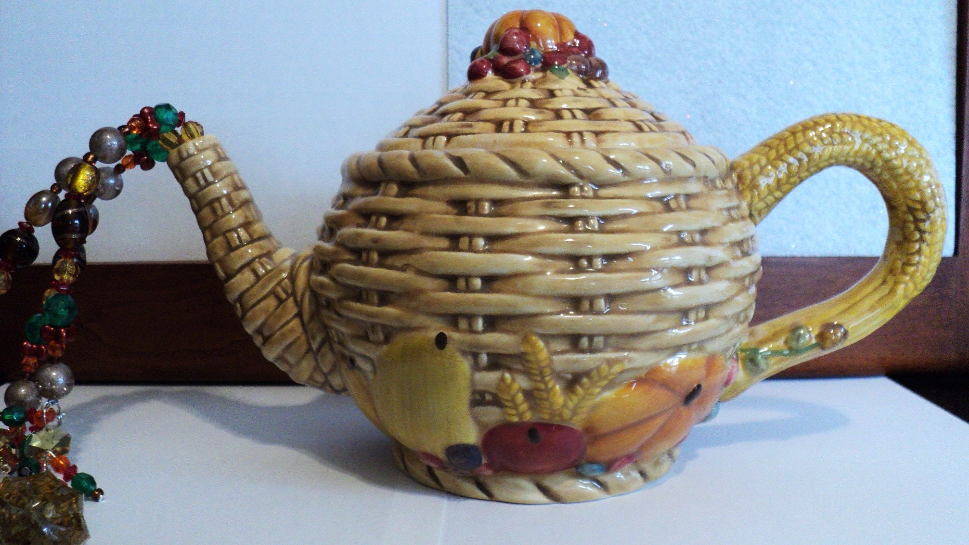 Fall Vegetable Harvest Basket Tea Pot, Fall Table Centerpiece, Beaded ...