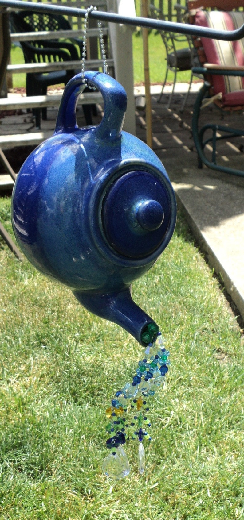 Upcycled Beaded Ceramic Teapot: Two-toned Blue Decorative Centerpiece ...
