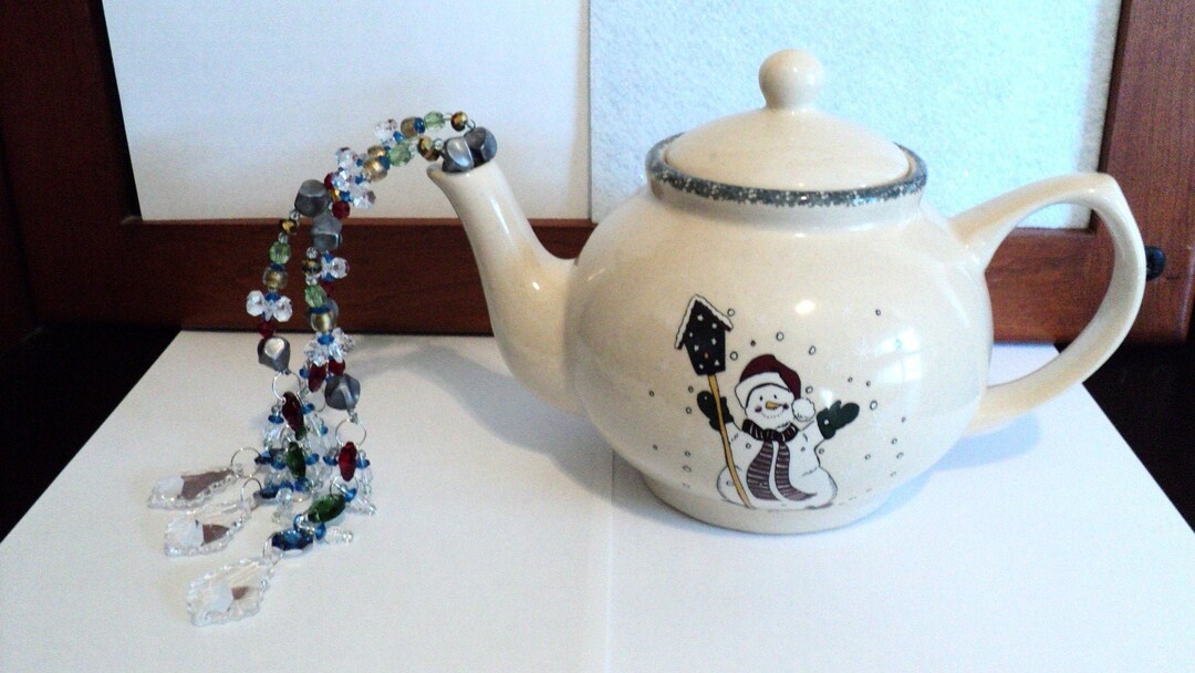 Snowman Tea Pot, Beaded Tea Pot, Blue Red Green and White, Winter ...