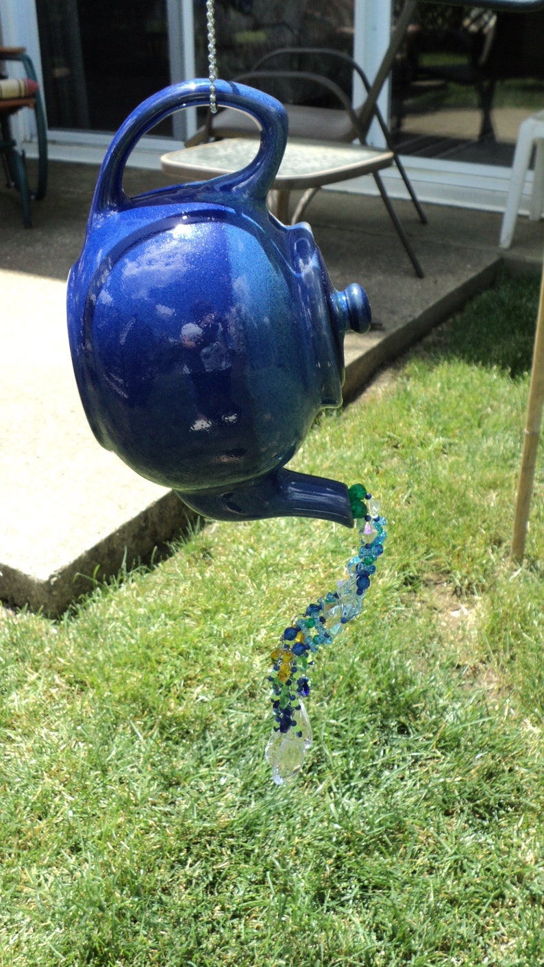 Upcycled Beaded Ceramic Teapot: Two-toned Blue Decorative Centerpiece ...