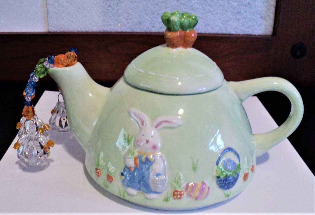 Upcycled Beaded Mini Ceramic Easter Bunny Tea Pot, Beaded Tea Pot Home ...