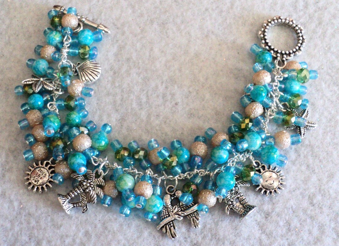 Turquoise and Beige Tropical Beach Charm Bracelet, Beaded Cha Cha ...
