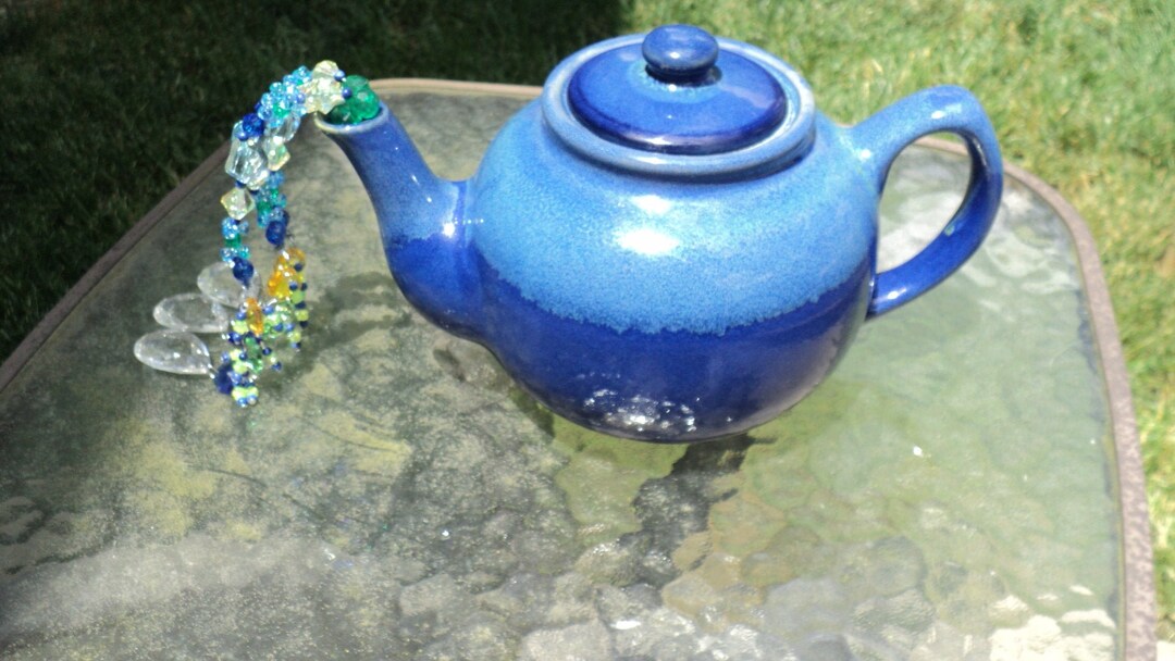 Upcycled Beaded Ceramic Teapot: Two-toned Blue Decorative Centerpiece ...