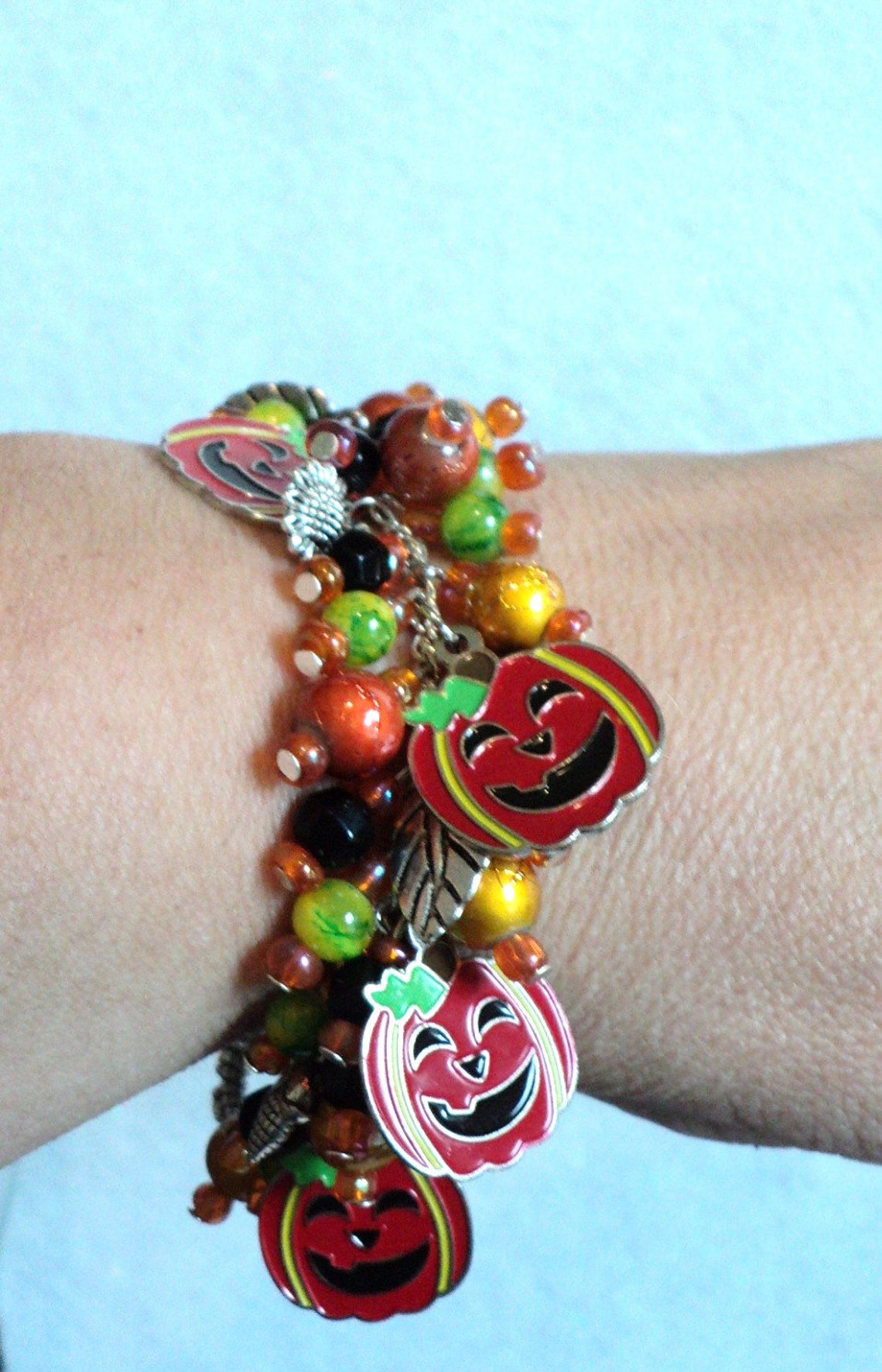 Pumpkin Charm Bracelet Beaded Cha Cha Bracelet Orange Green | Etsy