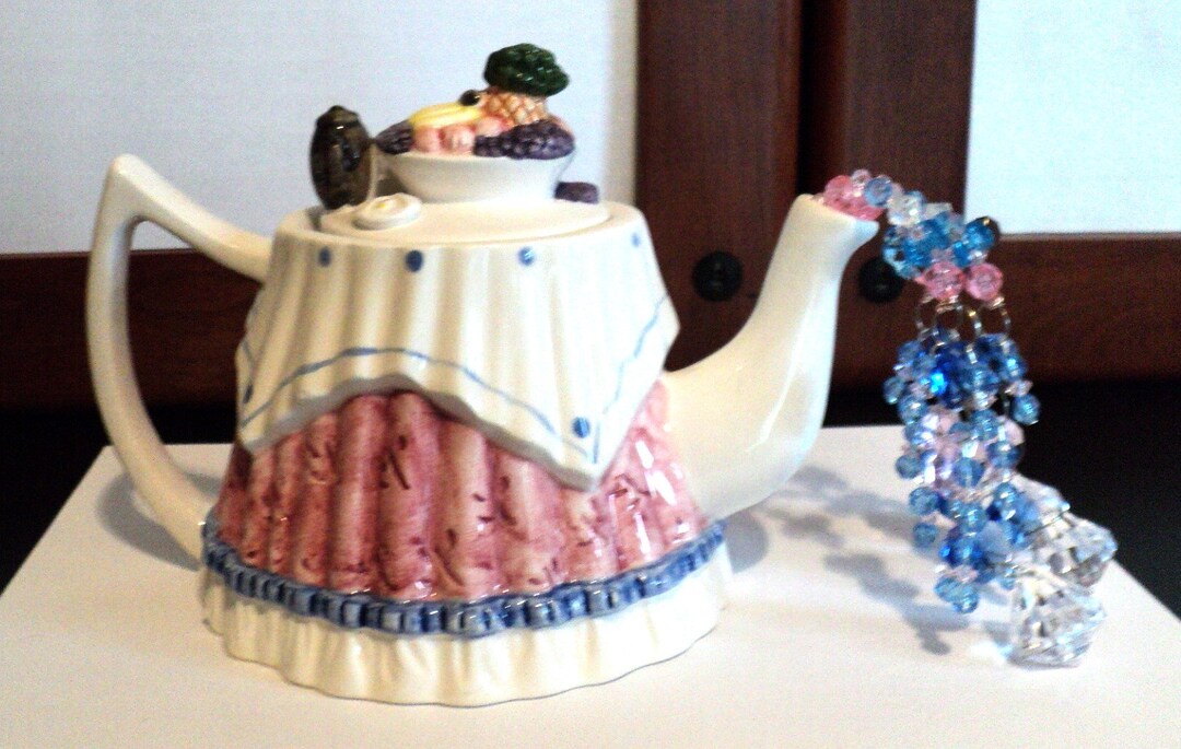 Small Upcycled White Pink and Blue Beaded Table Setting Tea Pot, Tea ...