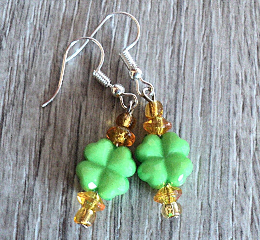 Green and Gold Shamrock St. Patrick's Day Earrings, Beaded Shamrock ...