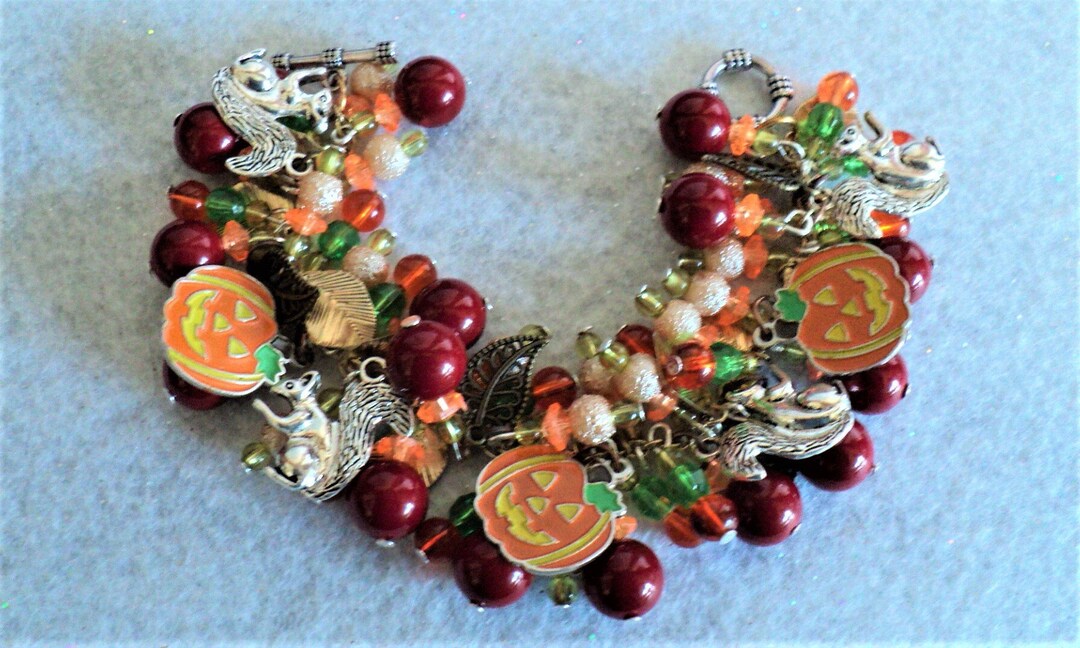 Red Orange Green and Beige Fall Charm Bracelet, Halloween Charm ...