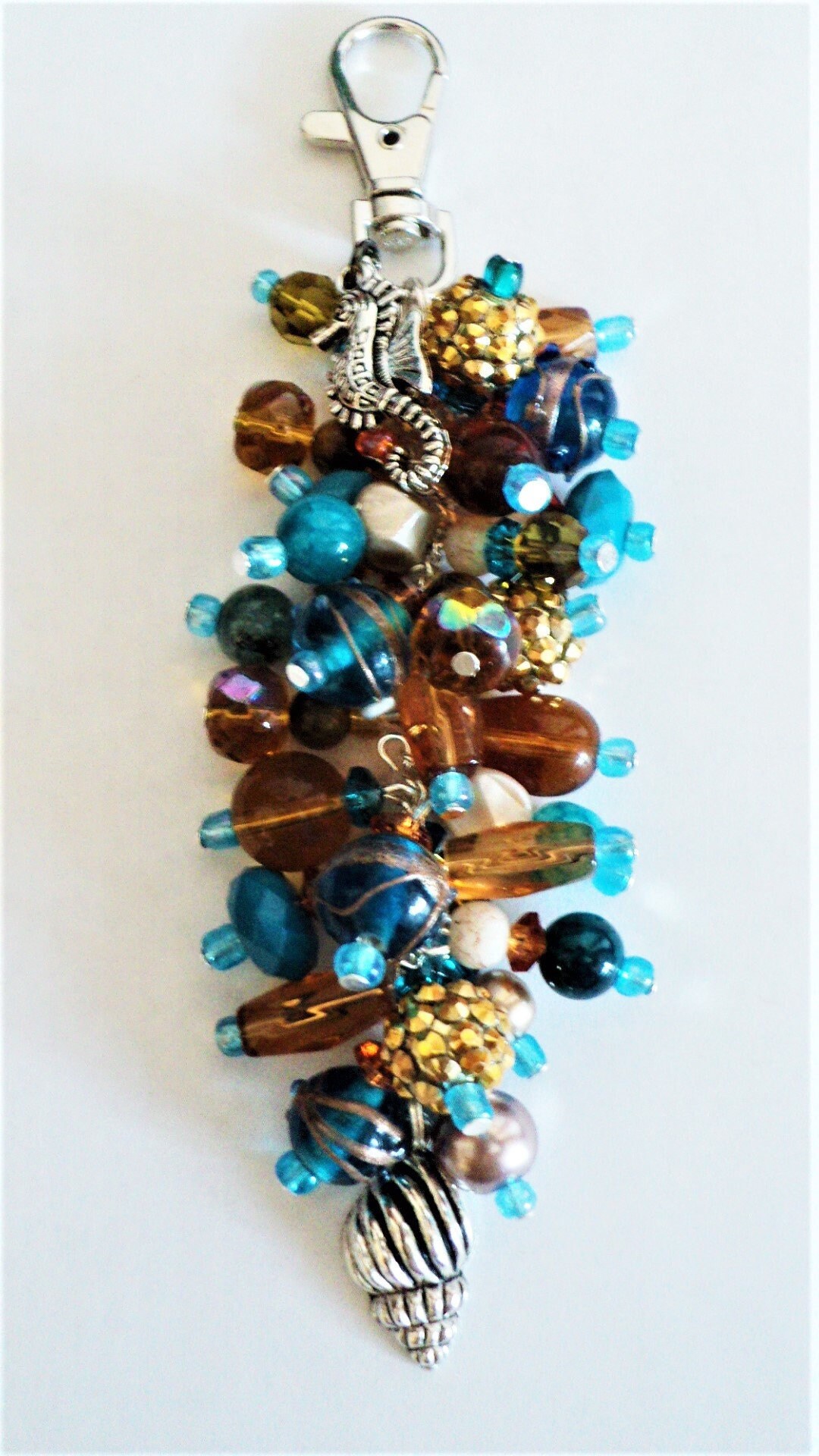 Beaded Sea Shell Handbag Charm: Turquoise Gold & Blue Glass and Acrylic ...