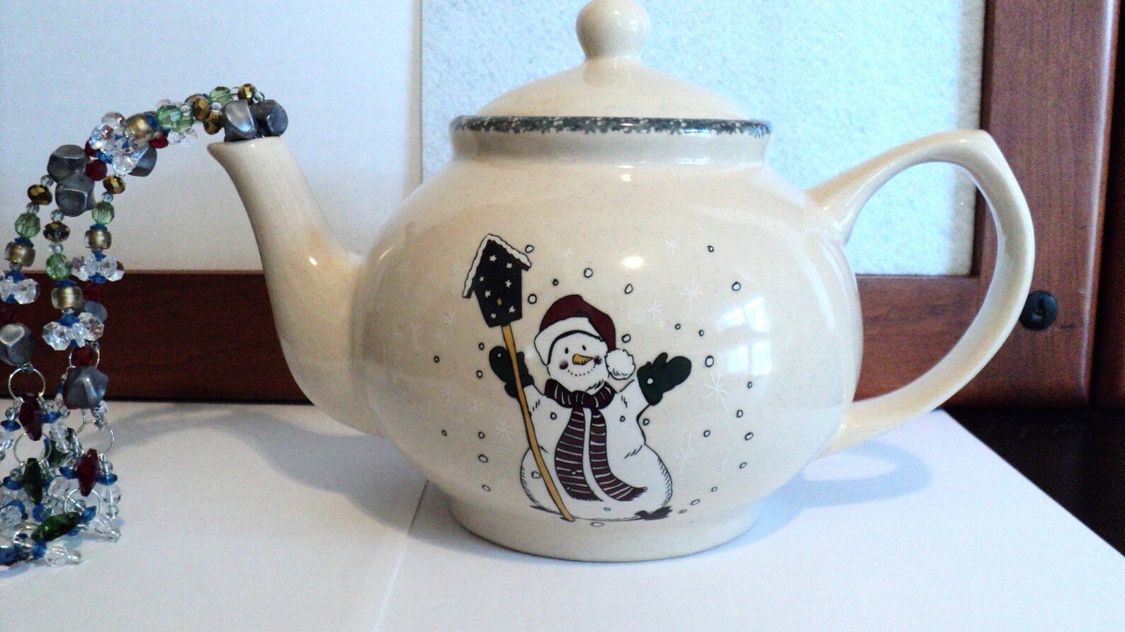 Snowman Tea Pot, Beaded Tea Pot, Blue Red Green and White, Winter ...