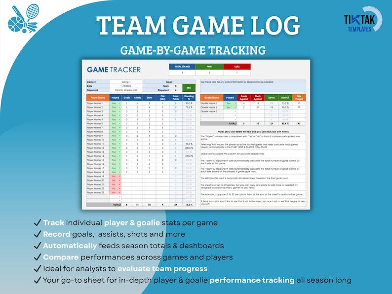 Hockey Stats Spreadsheet Template, Hockey Player Stats Tracker Log, Hockey Team Stats, Hockey ...