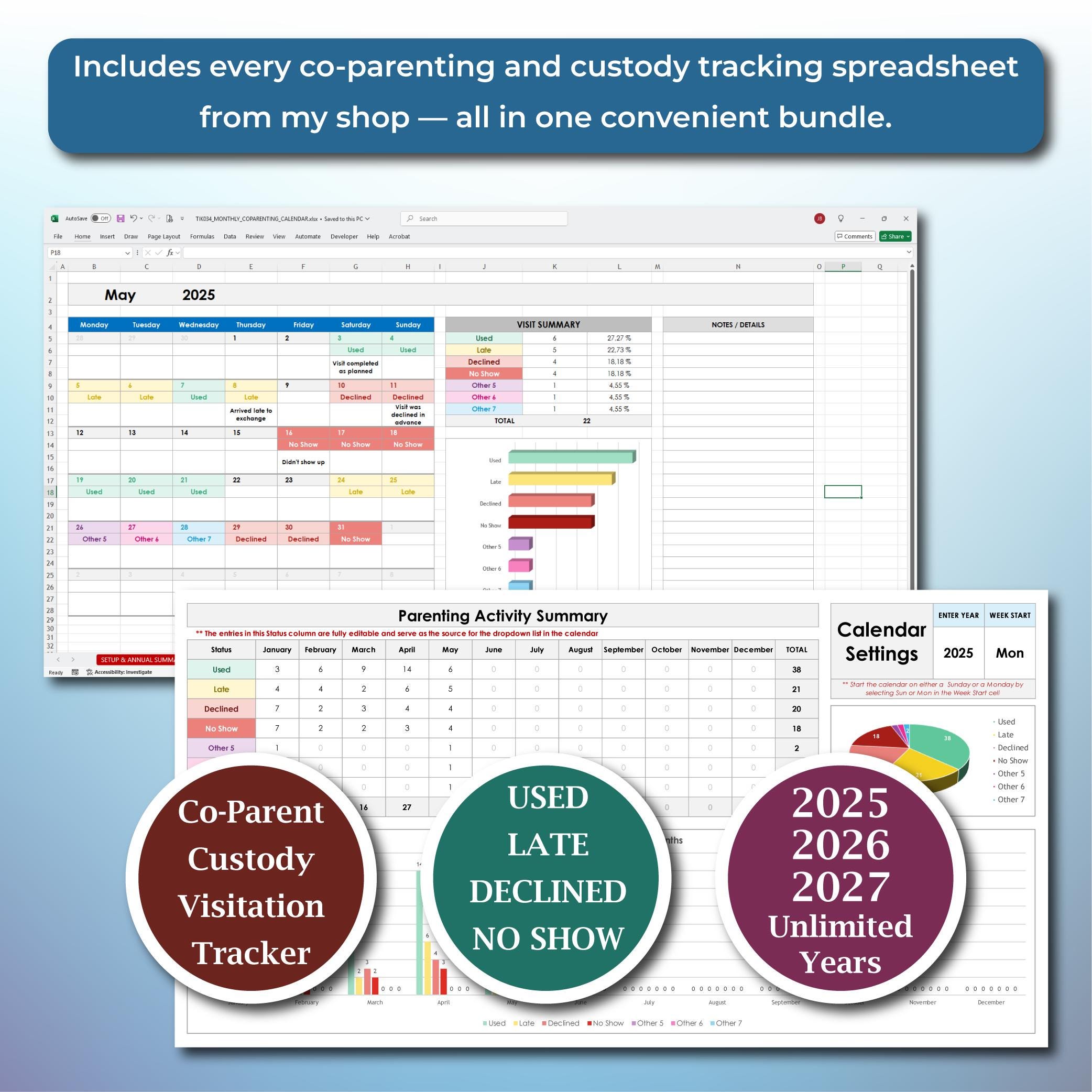 Coparenting Visitation Calendar Log Spreadsheet, Child Custody Calendar ...