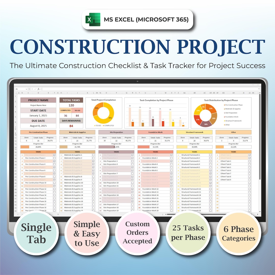 Construction Project Spreadsheet Template, Construction Checklist Excel ...