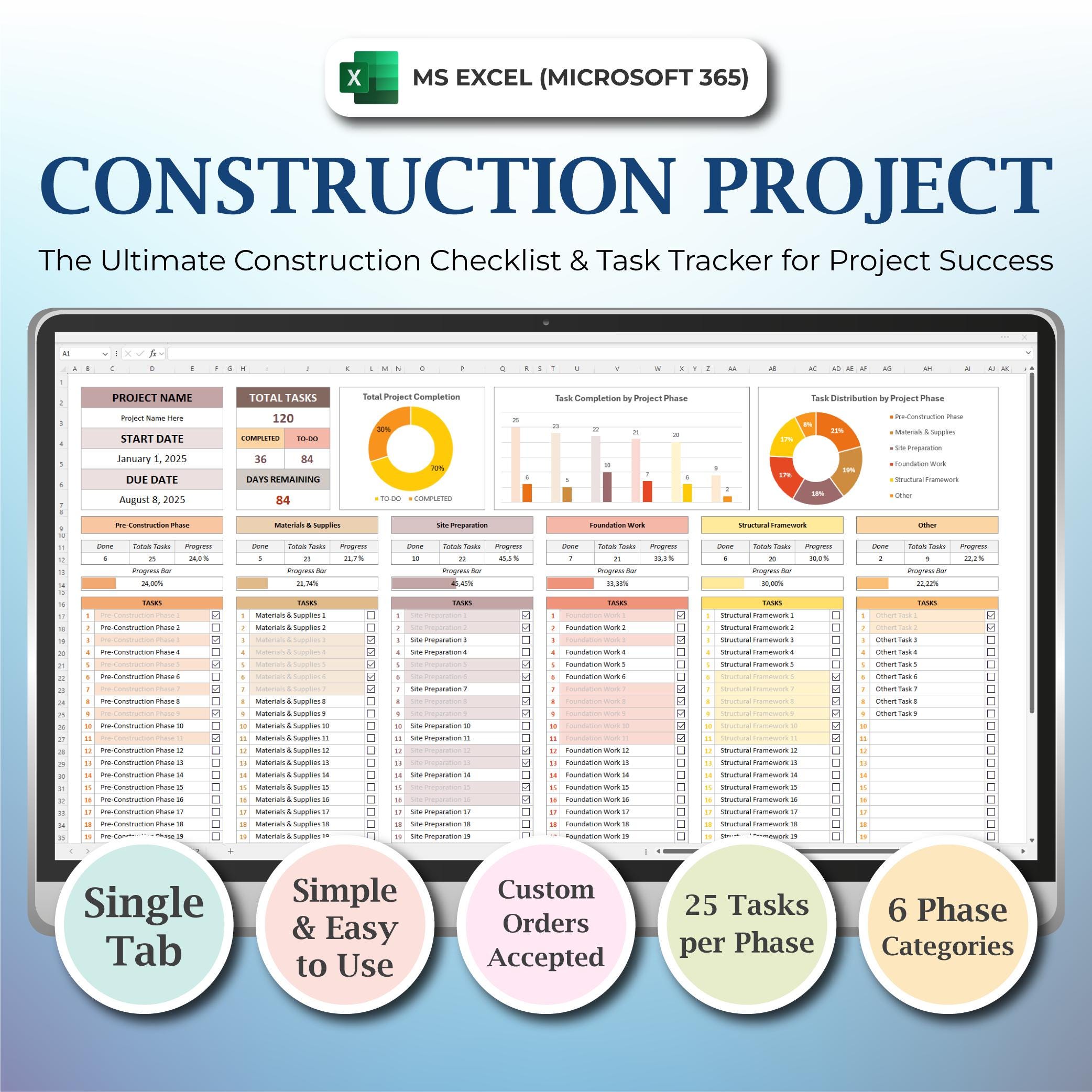 Construction Project Spreadsheet Template, Construction Checklist Excel ...