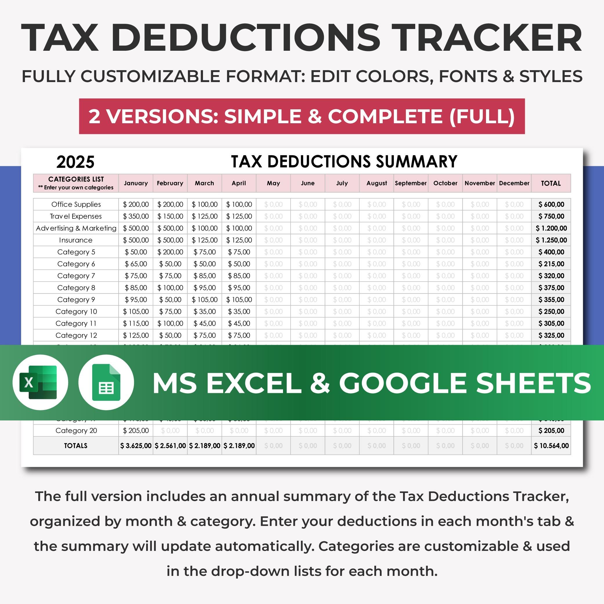 Tax Deduction Tracker Spreadsheet Template. Small Business Tax Deductions List. Tax Organizer ...