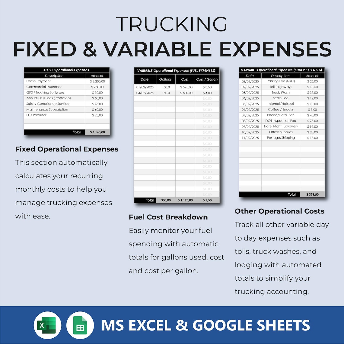 Owner Operator Spreadsheet Template, Freight and Logistics Expense ...