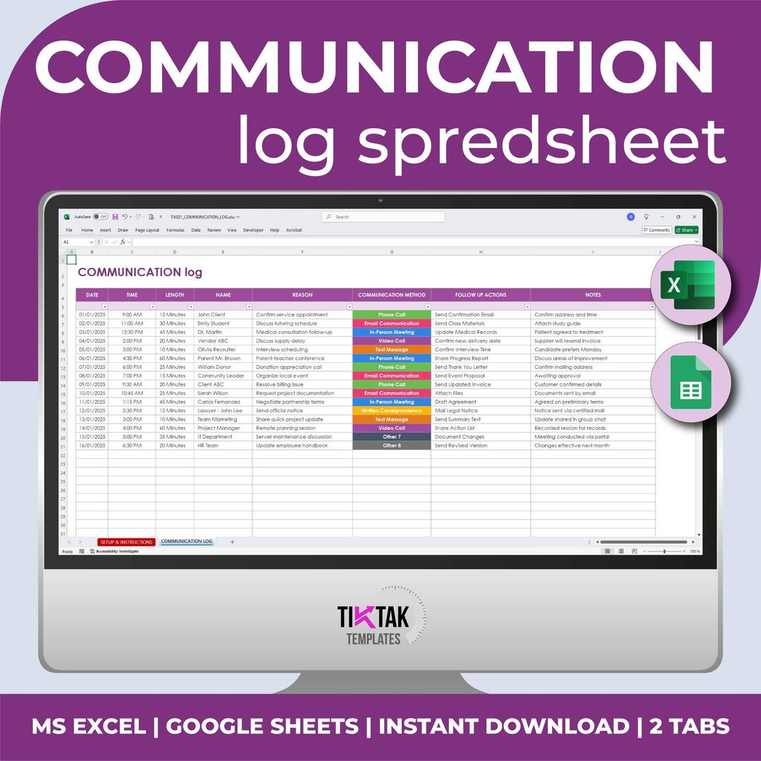 Communication Log Spreadsheet Template, Communication Activities ...