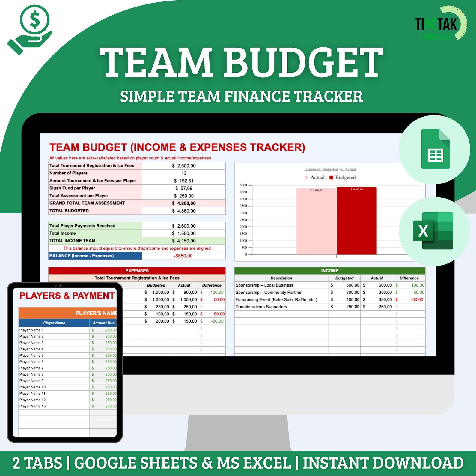 Sports Team Budget Spreadsheet Template, Youth Sports Team Income ...