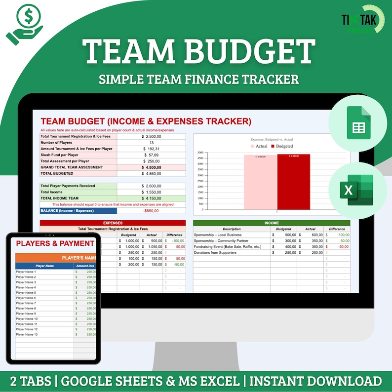 Sports Team Budget Spreadsheet Template, Youth Sports Team Income ...