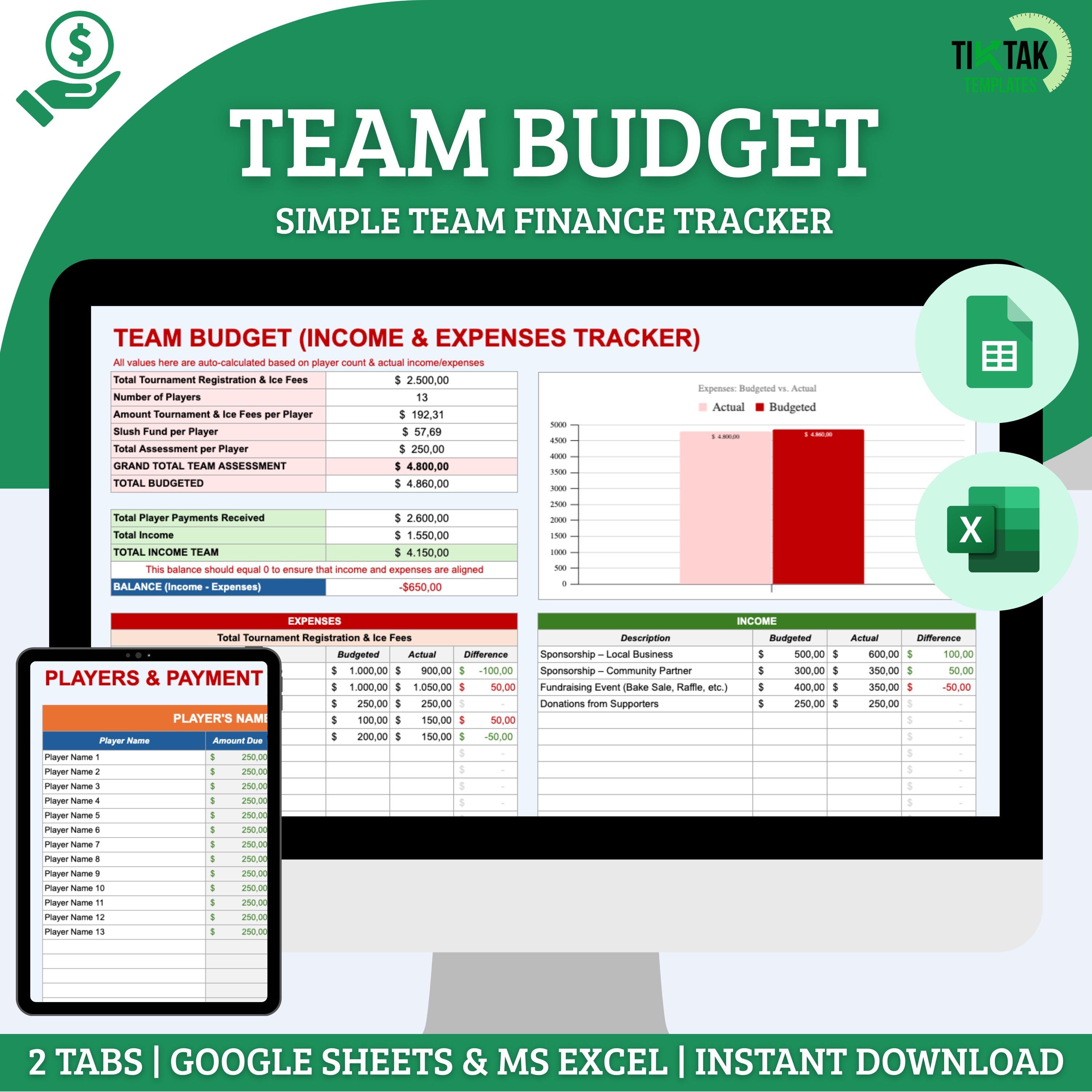 Sports Team Budget Spreadsheet Template, Youth Sports Team Income & Expenses Excel Google Sheets ...