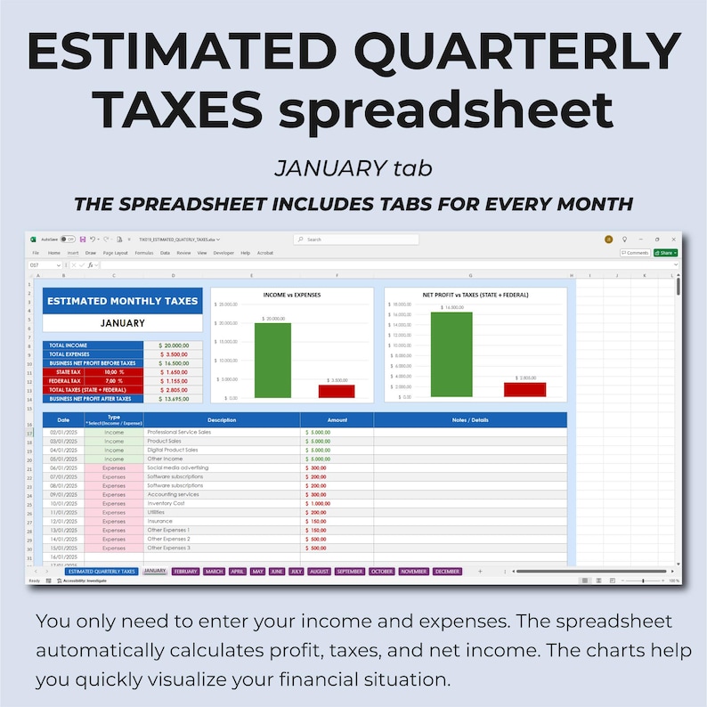 Quarterly Taxes Spreadsheet Template, State & Federal Income Taxes ...