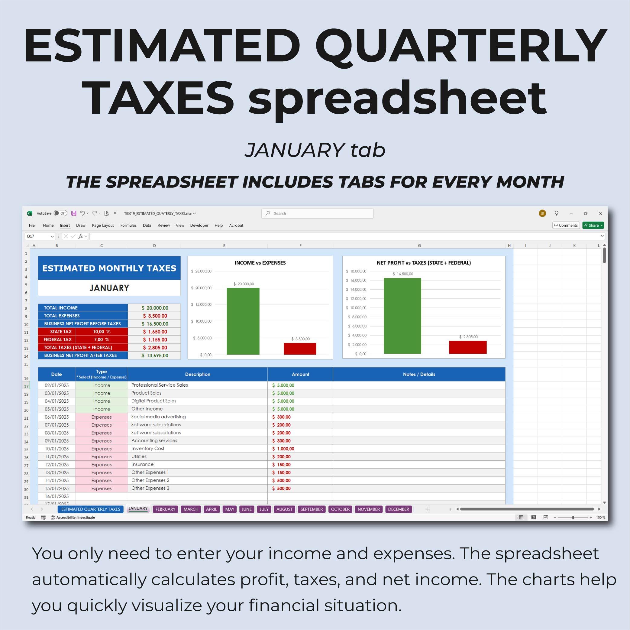 Quarterly Taxes Spreadsheet Template, State & Federal Income Taxes ...