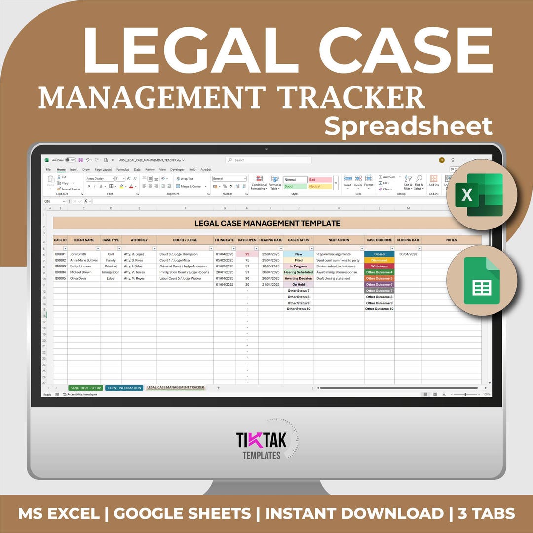 Legal Case Organizer Spreadsheet for Attorneys, Law Office Spreadsheet ...