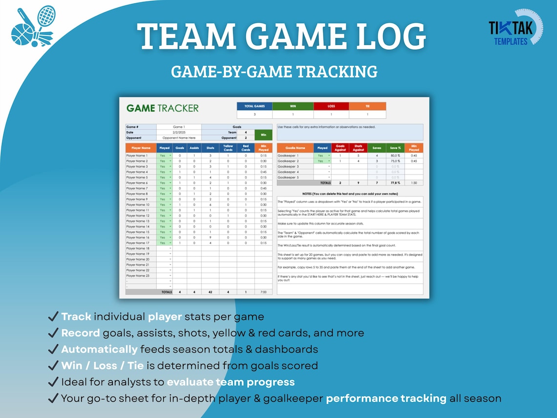 Soccer Stats Spreadsheet Template, Soccer Player Stats Tracker & Game ...
