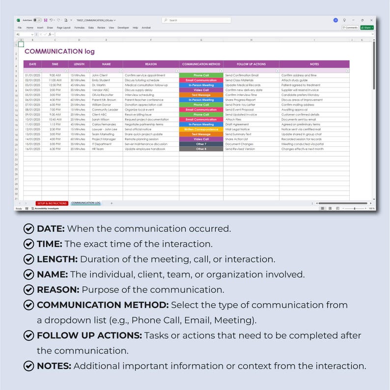 Excel and Google Sheets Communication Log, Meeting and Call Log ...