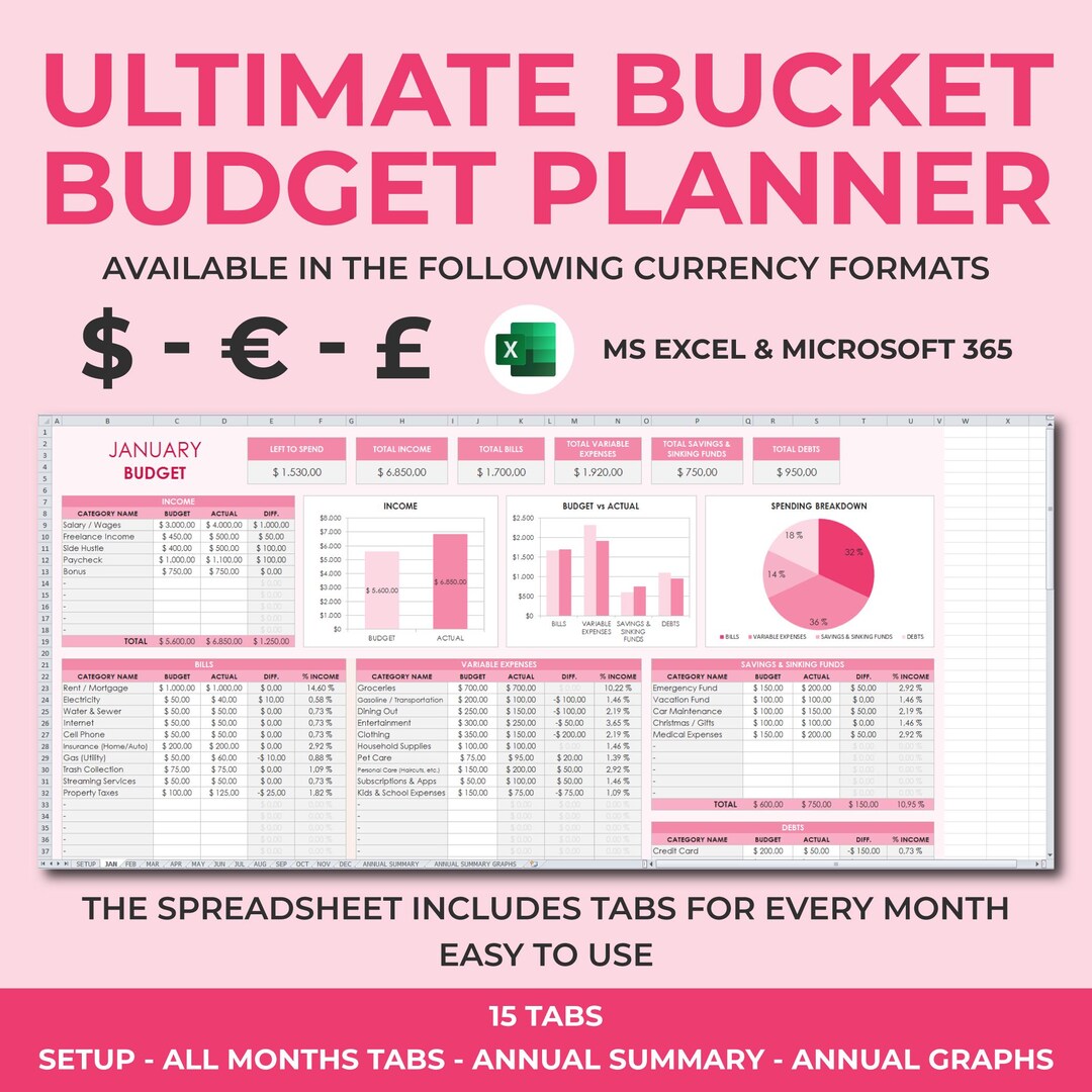 Ultimate Bucket Budget Spreadsheet Template, Monthly Budget Organizer ...