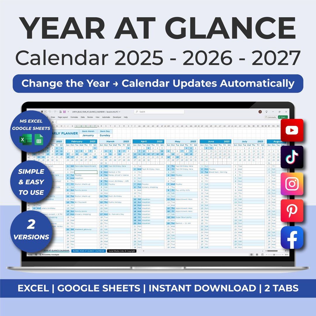 Excel Yearly Planner, Year at a Glance Calendar, Smart Monthly Schedule ...