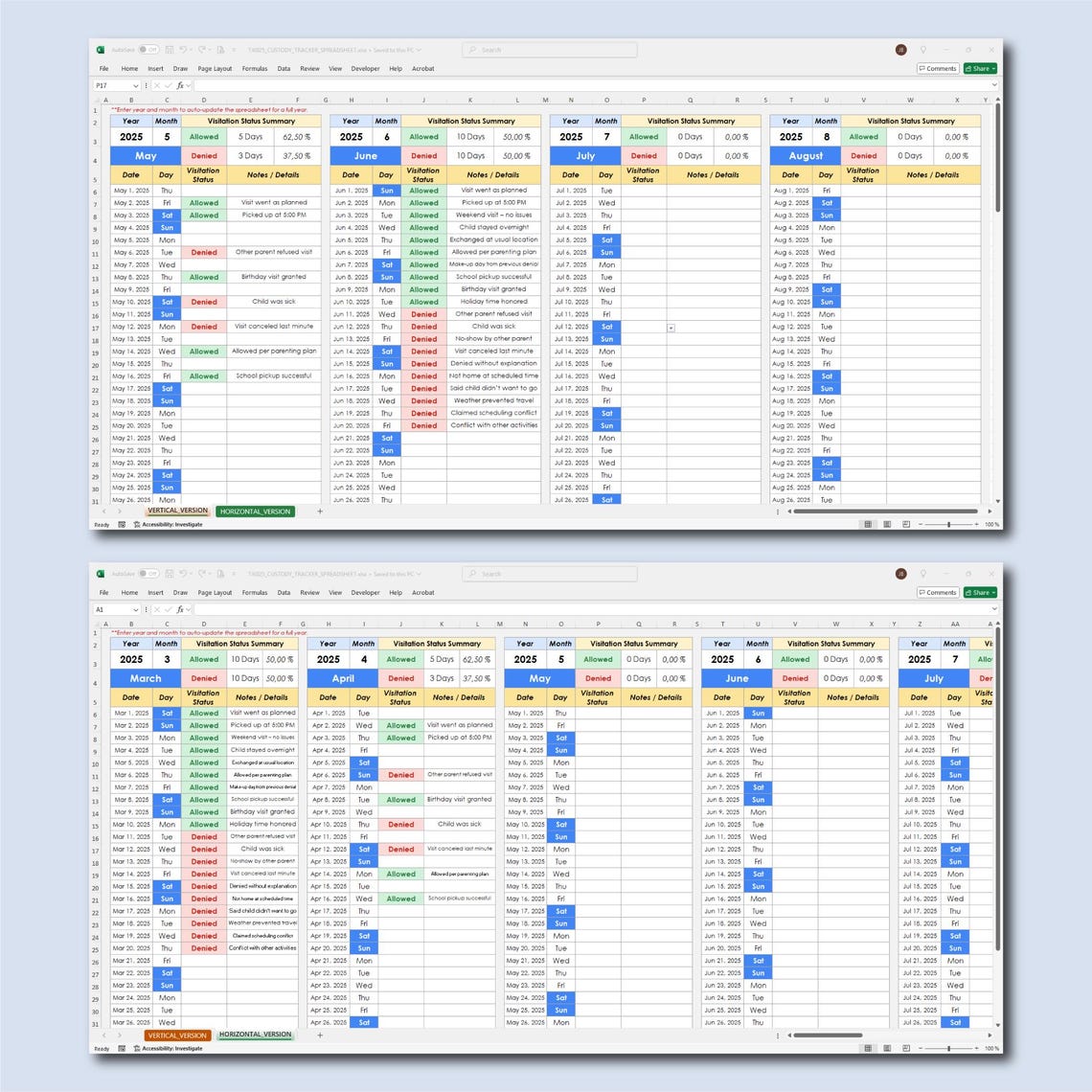Coparenting Visitation Calendar Log Spreadsheet, Child Custody Calendar ...