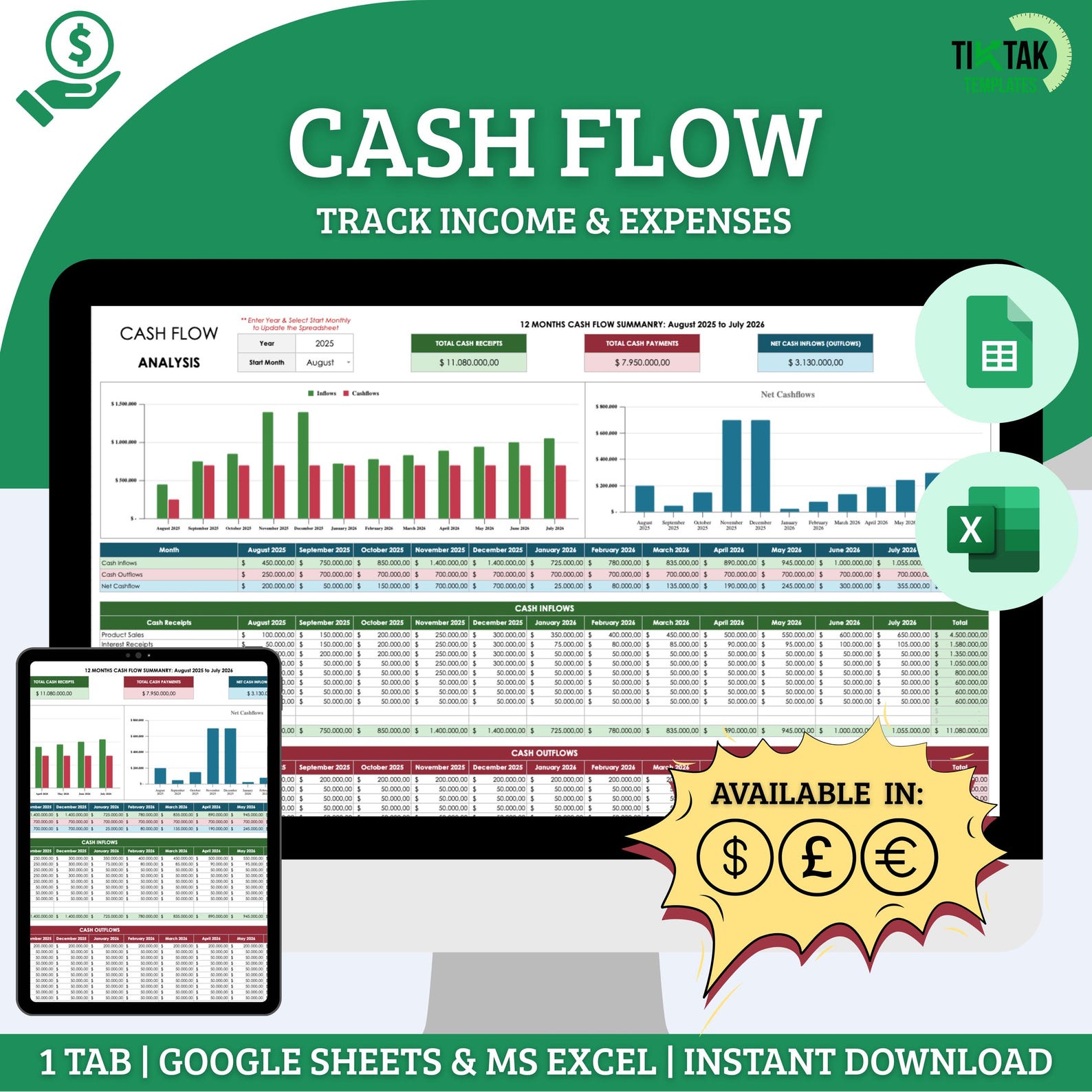 Cash Flow Template, Cashflow Forecast, Cashflow Statement, 12 Months Cash Flow Spreadsheet ...