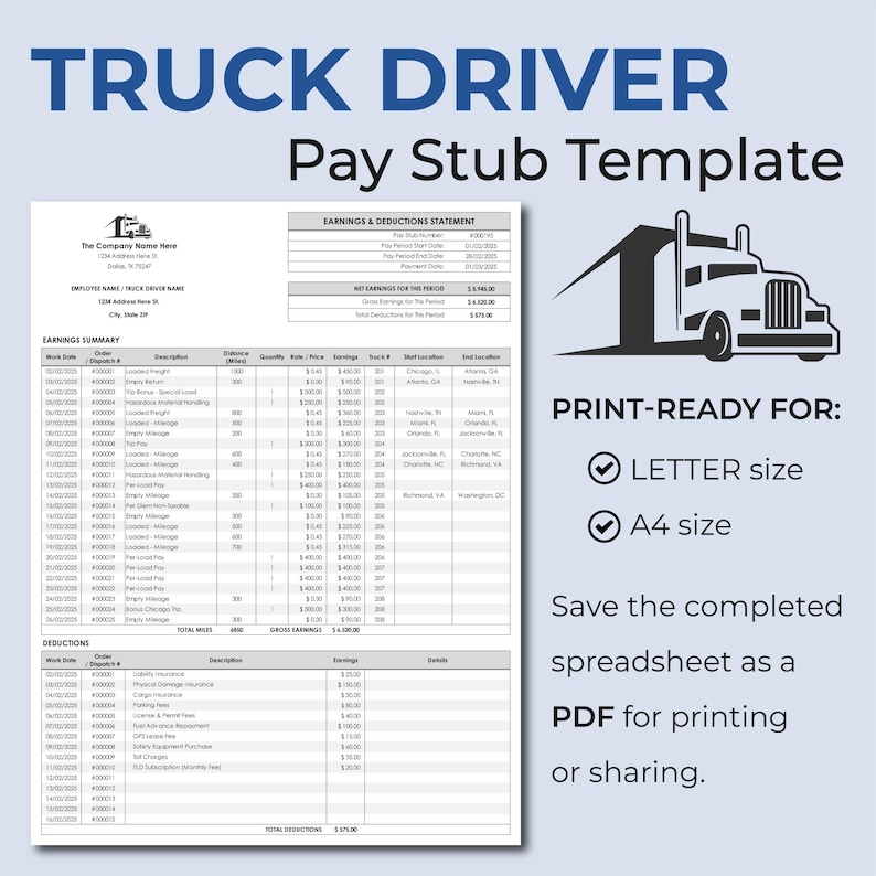 Trucker Pay Record, Truck Driver Payment Spreadsheet Template, Trucker ...