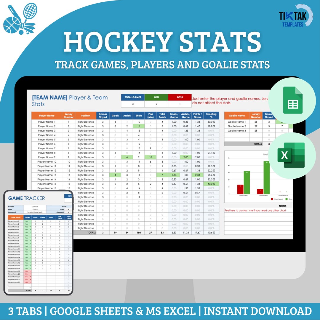 Hockey Stats Spreadsheet Template, Hockey Player Stats Tracker Log, Hockey Team Stats, Hockey ...