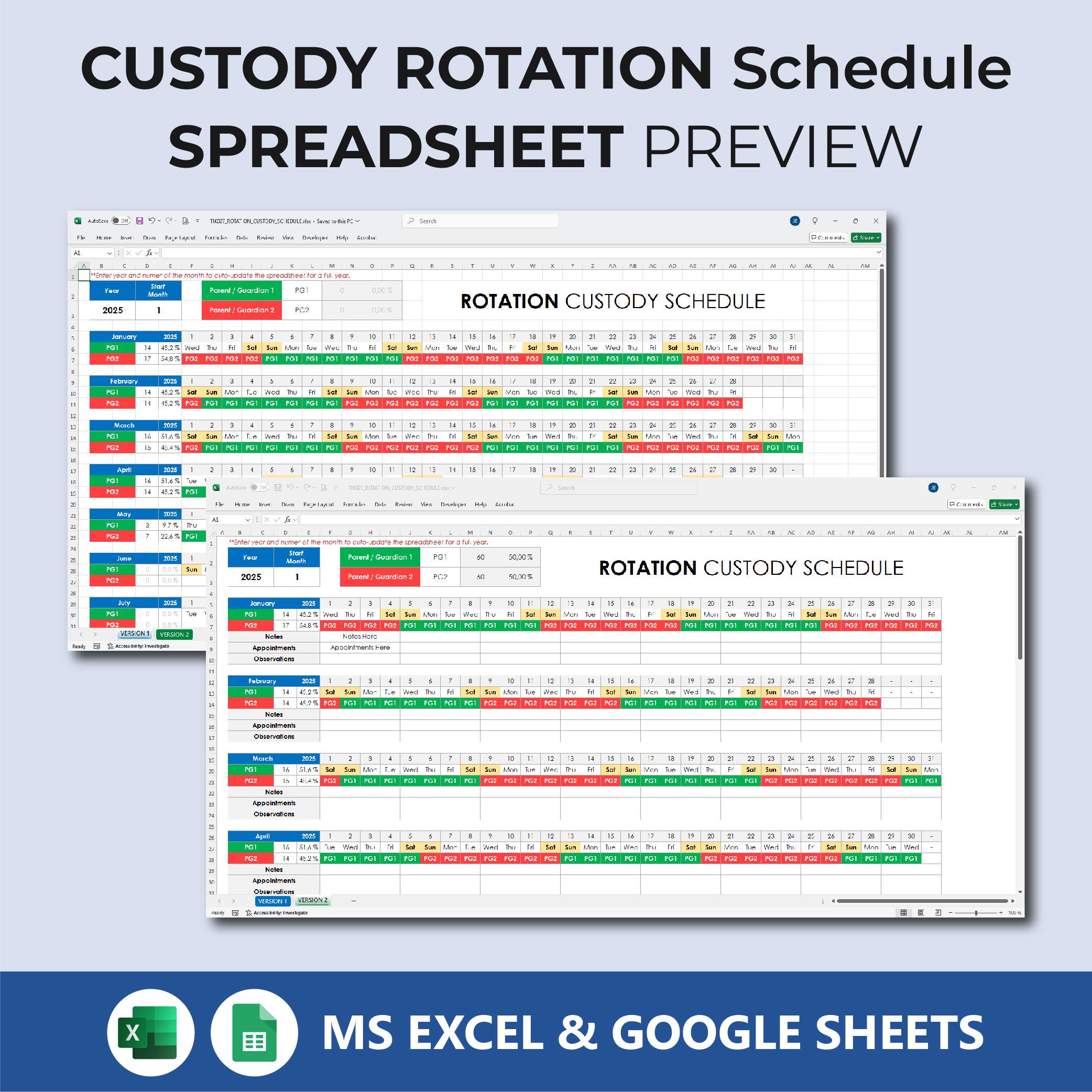 Custody Rotation Schedule Spreadsheet, Shared Custody Rotation Calendar ...