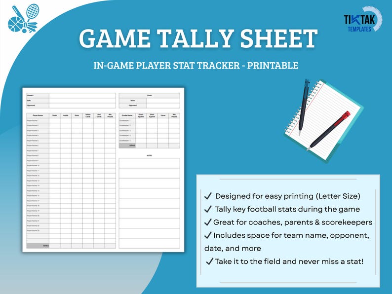 Football Stats Spreadsheet Template, Football Player Stats Tracker Log ...