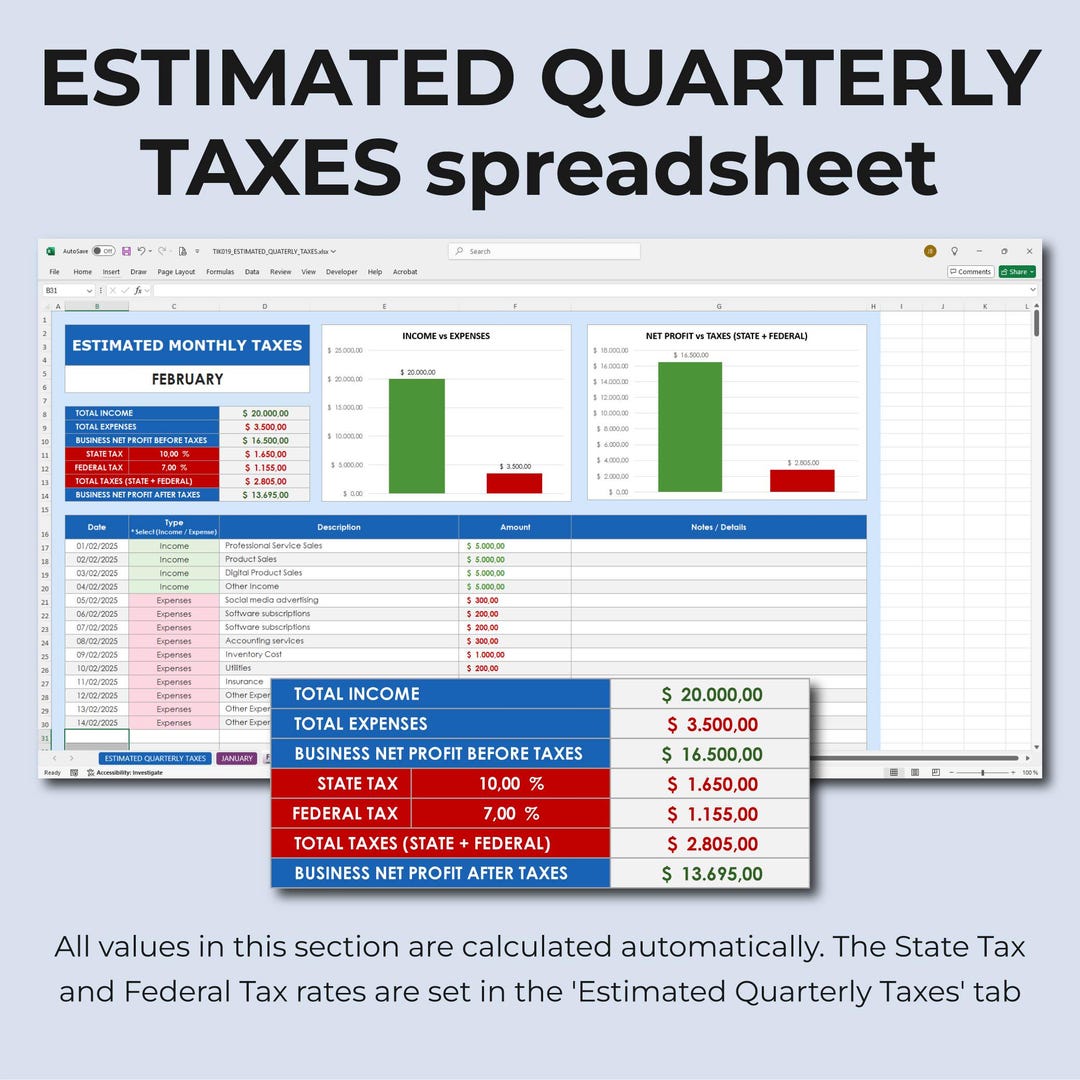 Monthly Quarterly Yearly Tax Deductions Spreadsheet Template, Income ...