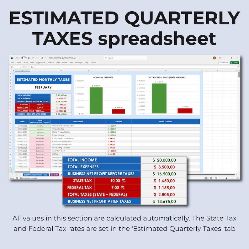 Quarterly Taxes Spreadsheet Template, State & Federal Income Taxes ...