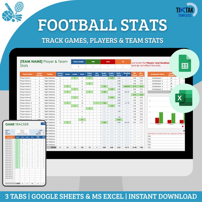 Football Stats Spreadsheet Template, Football Player Stats Tracker Log ...