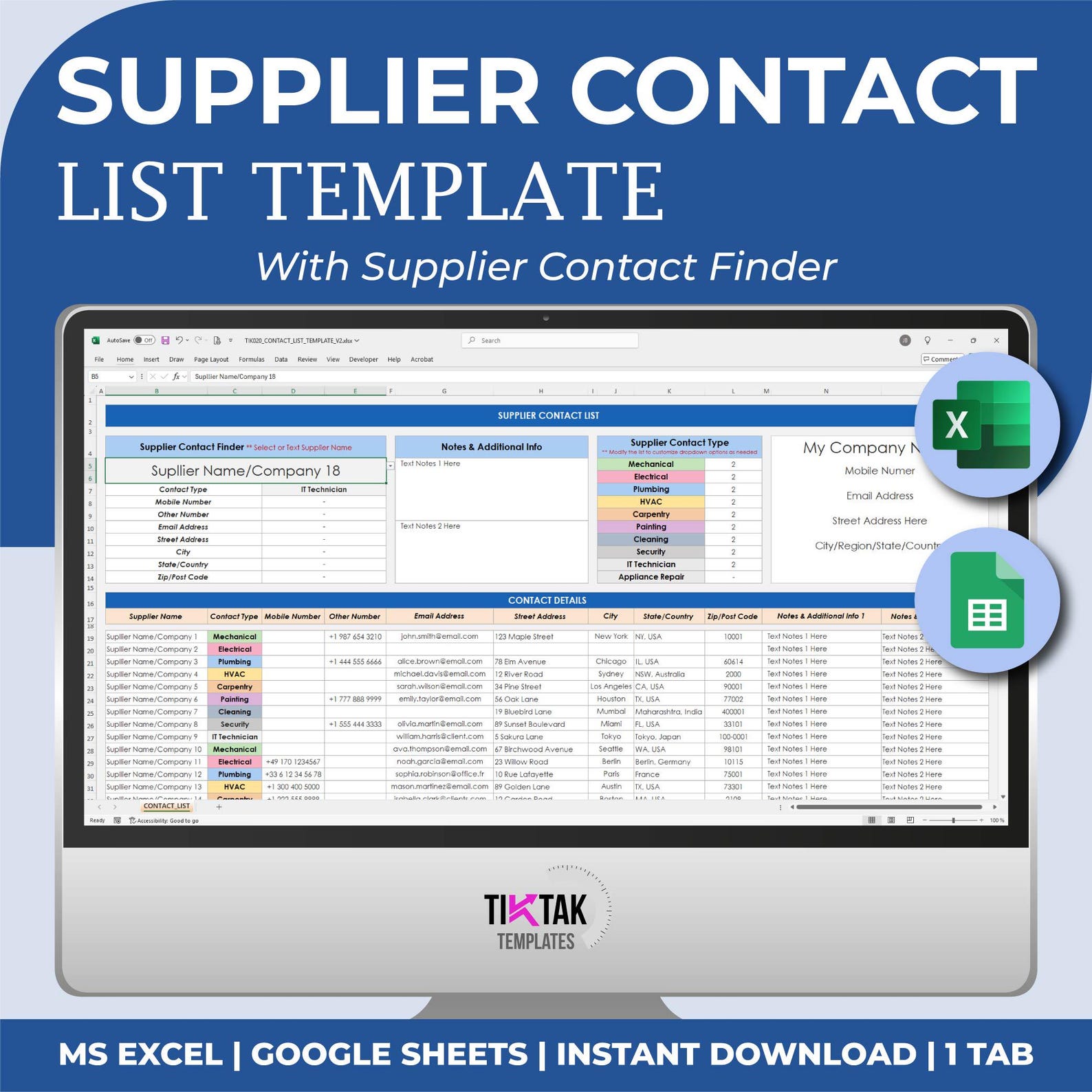 Excel Contact List Tracker, Client Tracker Sheet, Google Sheets Contact ...