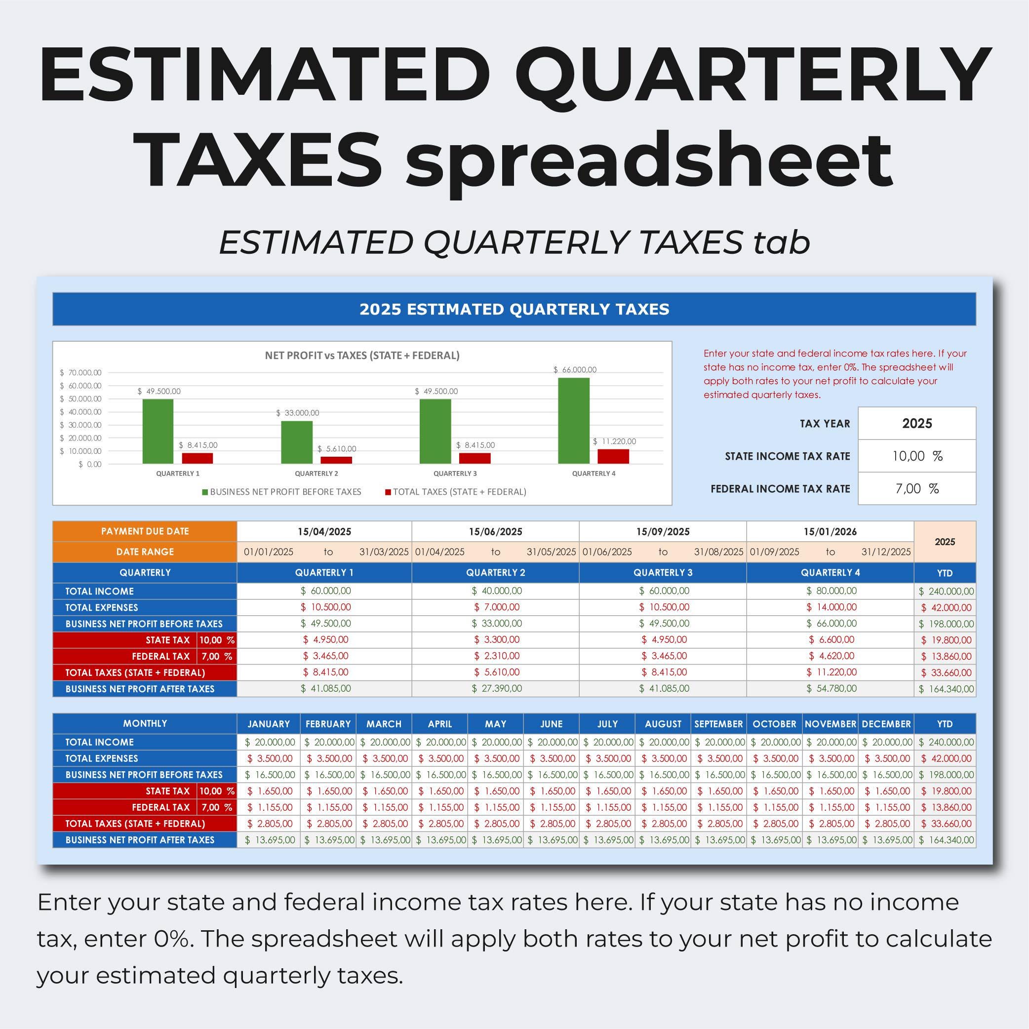 Quarterly Taxes Spreadsheet Template, State & Federal Income Taxes ...